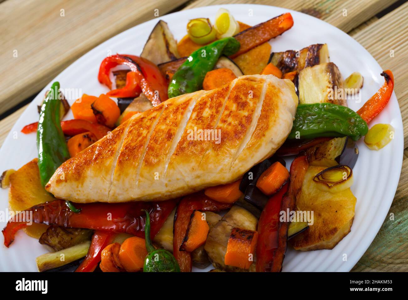 Bulgarian cuisine plakia, tasty chicken fillet and different baked ...