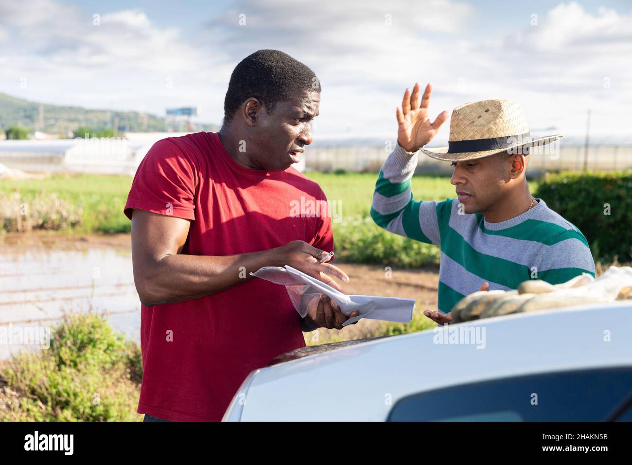 Two farmers with papers arguing on farm Stock Photo - Alamy