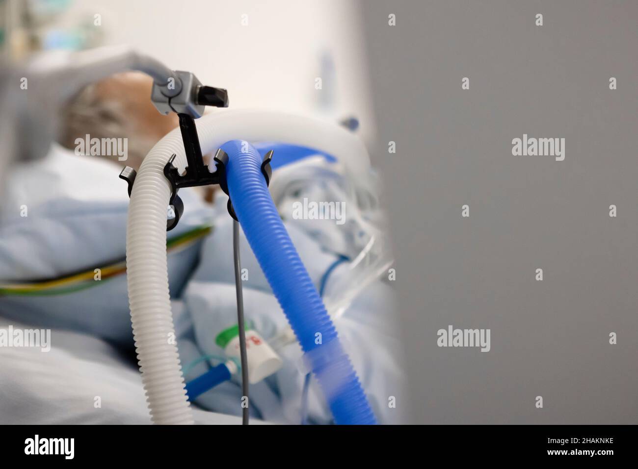 Kiel, Germany. 10th Dec, 2021. Tubes of a ventilator are attached to a ...