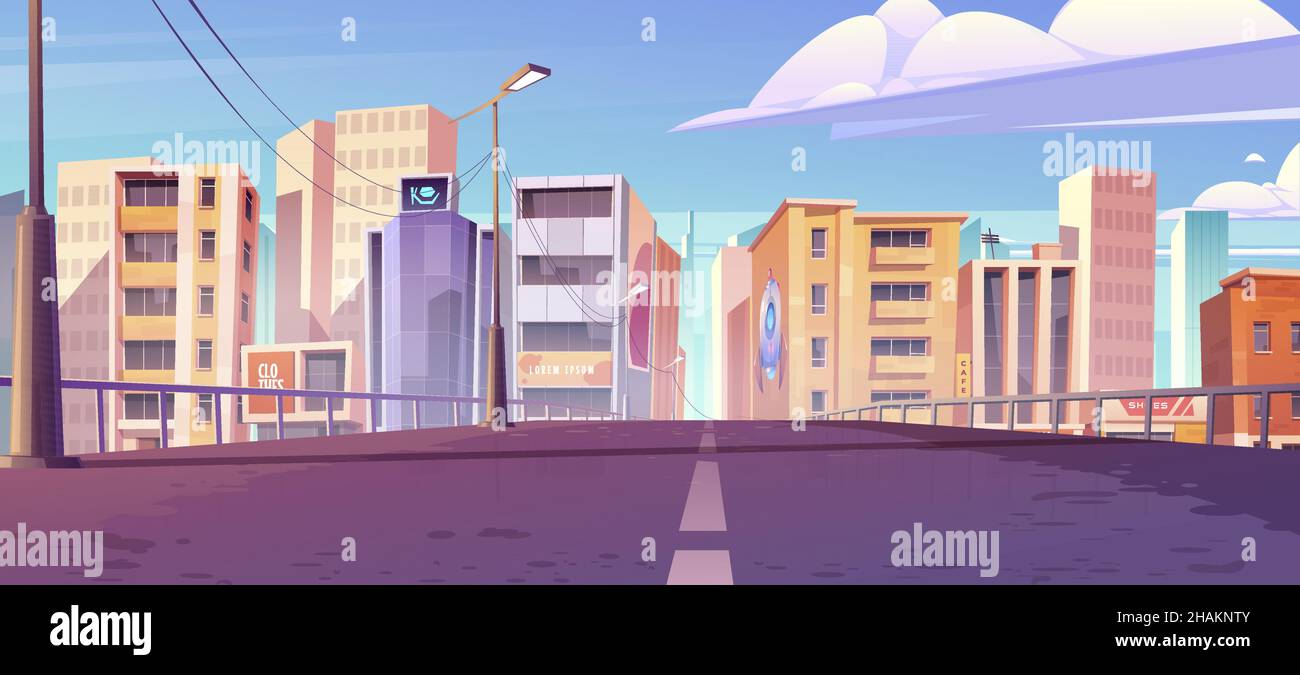 City skyline view from bridge, metropolis cityscape with road ...