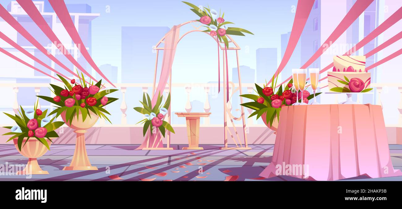 Wedding arch and decoration on skyscraper rooftop. Floral archway with ...