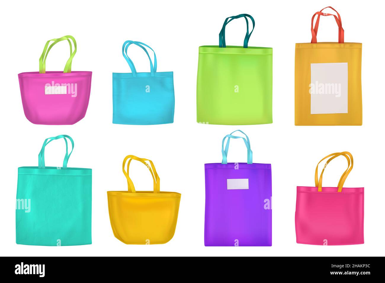 Colored cotton eco bags, fabric tote different shapes. Vector realistic ...