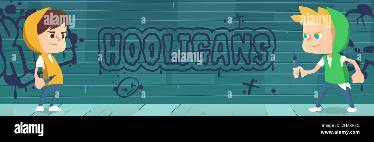 Hooligans drawing graffiti on wall use liners, teenagers or kids making ...