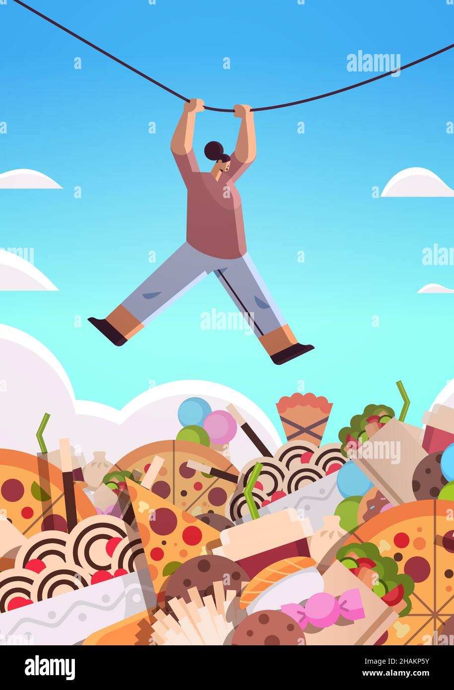 woman hanging rope above junk food assortment of fast food unhealthy ...