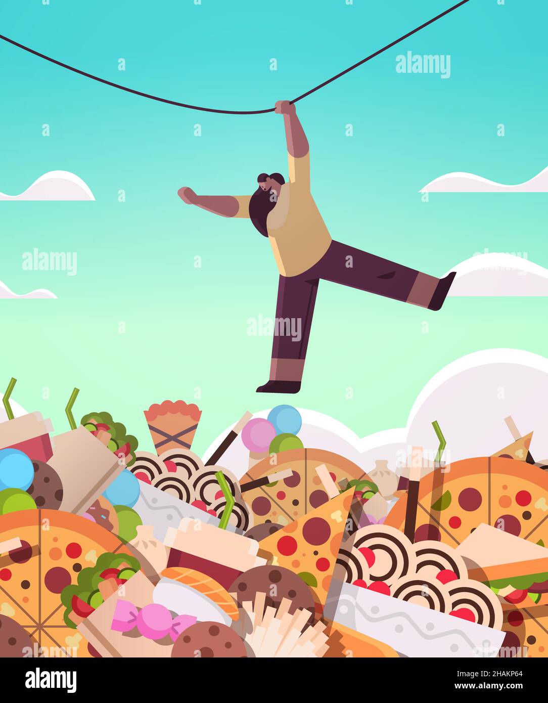 african american woman hanging rope above junk food assortment of fast ...