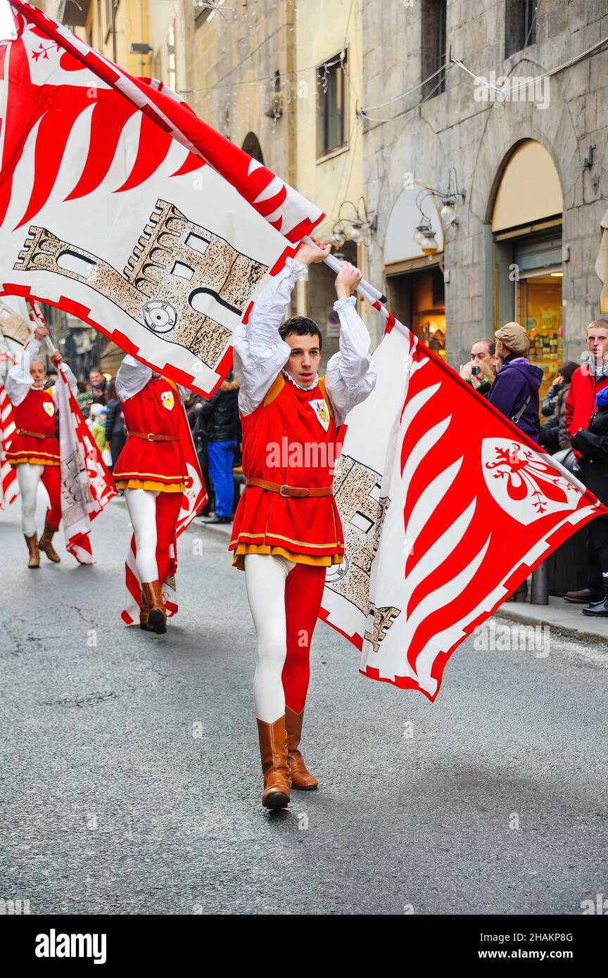 Florence, Italy - January 6, 2013: Flag throwing and waving parade as ...