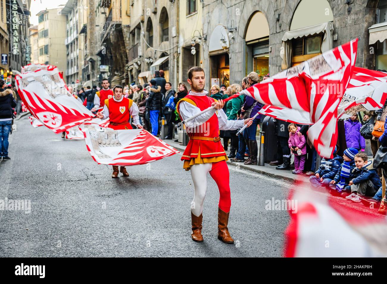 Florence, Italy - January 6, 2013: Flag throwing and waving parade as ...