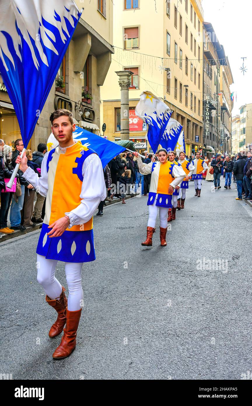Florence, Italy - January 6, 2013: Flag throwing and waving parade as ...