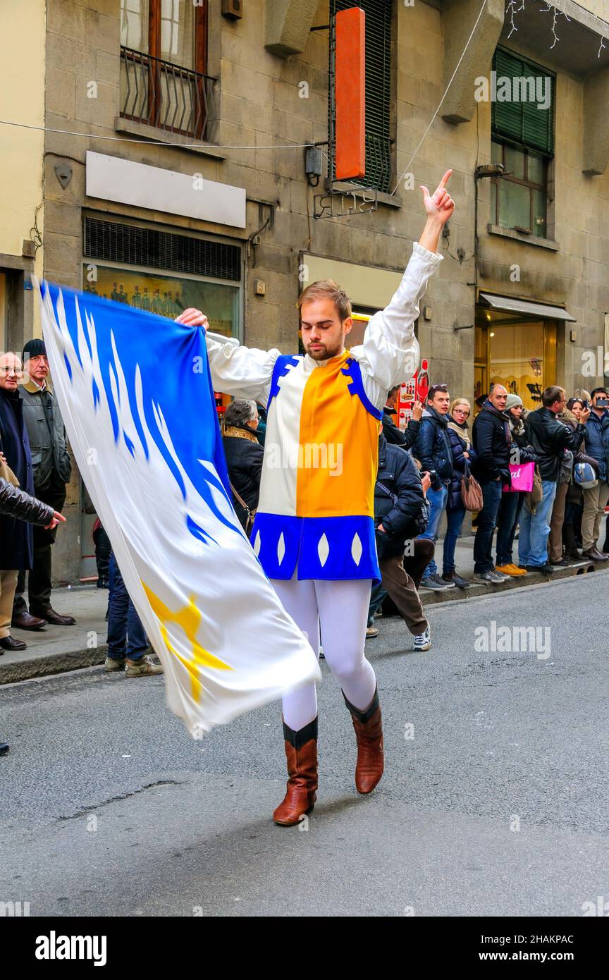 Florence, Italy - January 6, 2013: Flag throwing and waving parade as ...