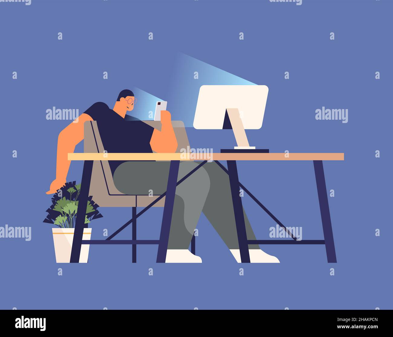 addicted man using digital gadget guy active in social networks at ...