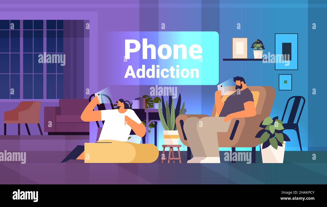 addicted people using digital gadgets man woman couple active in social ...