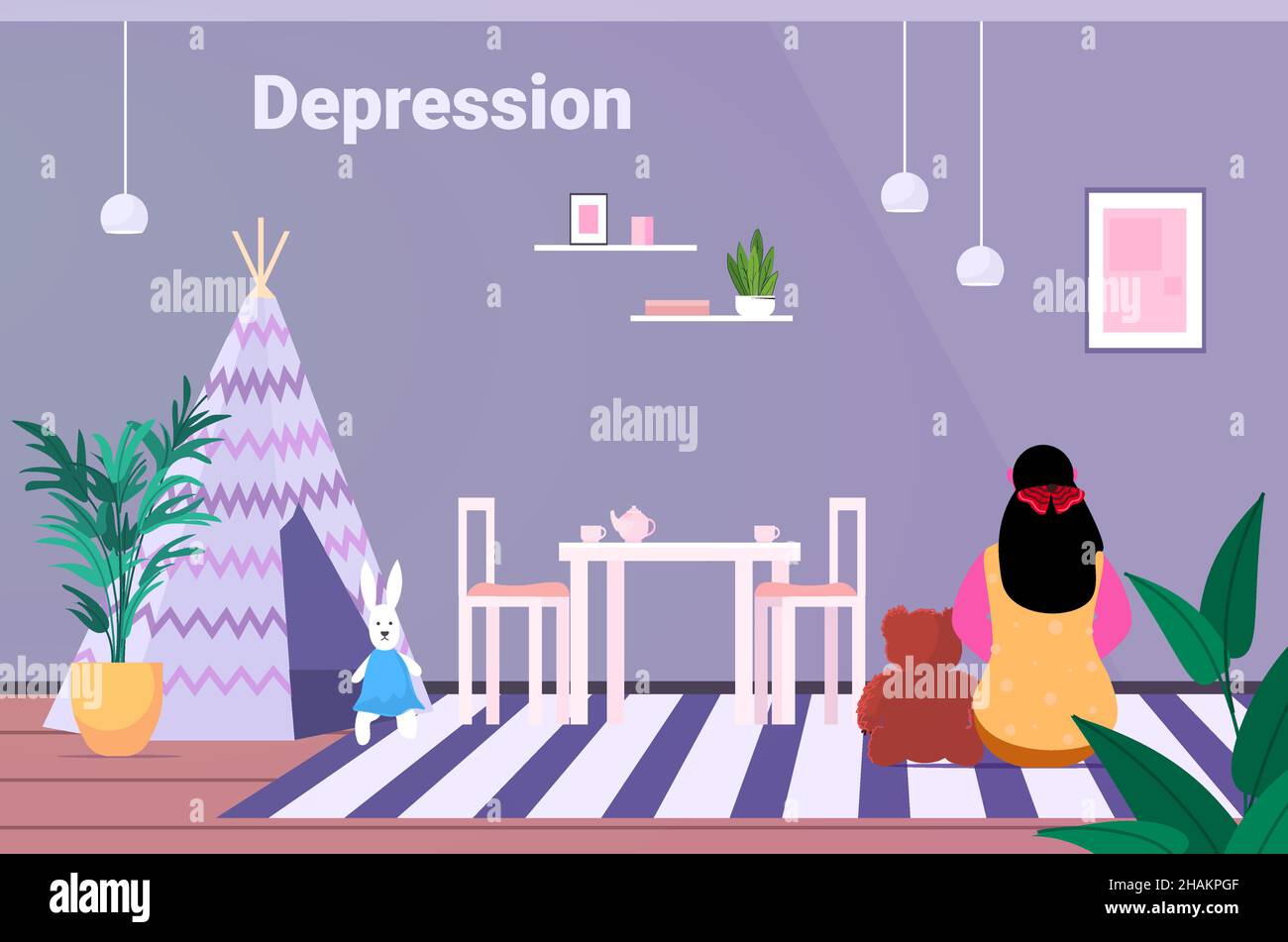 tired depressed child sitting on carpet unhappy girl feeling desperate ...
