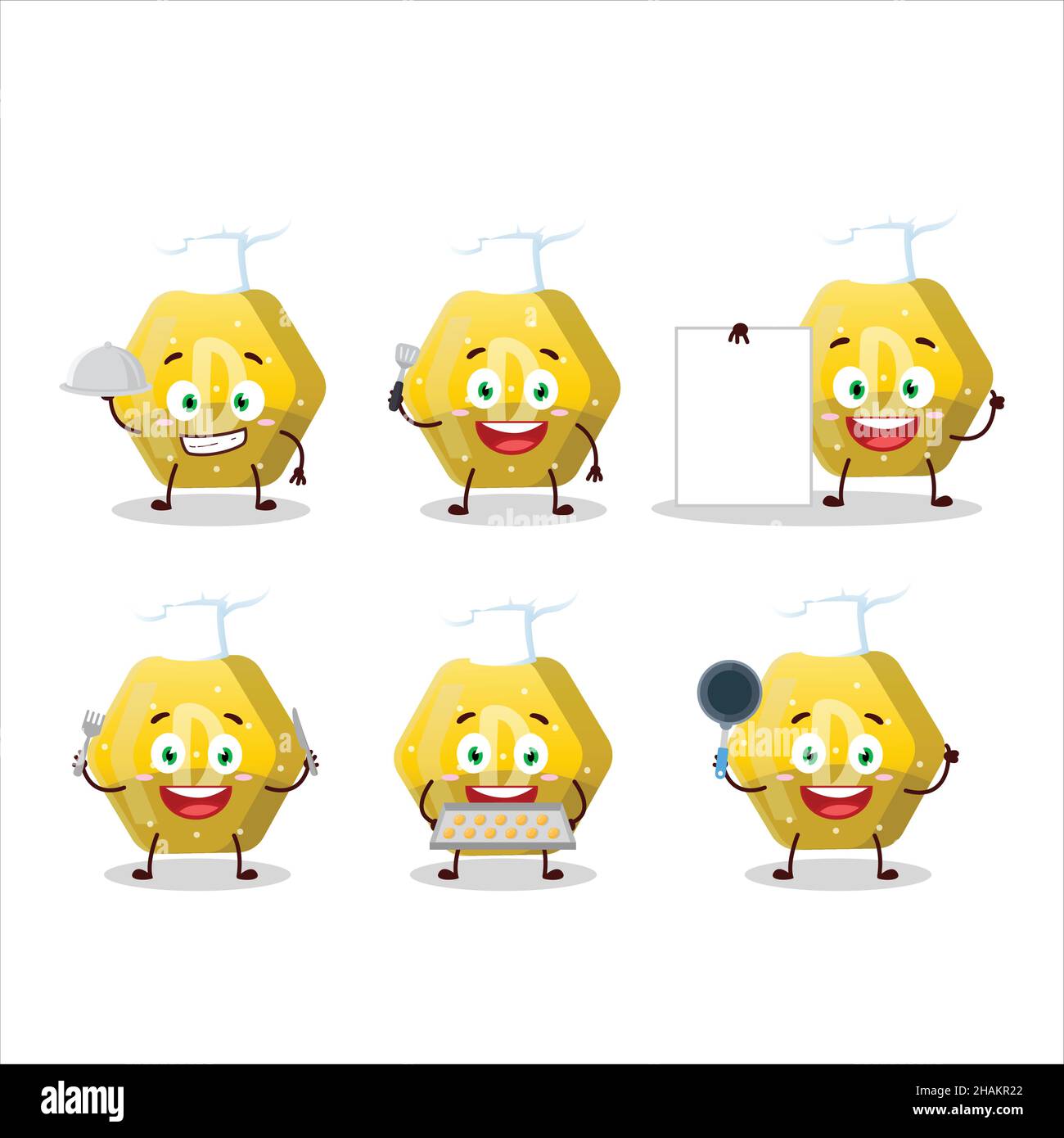 Cartoon character of yellow gummy candy D with various chef emoticons ...