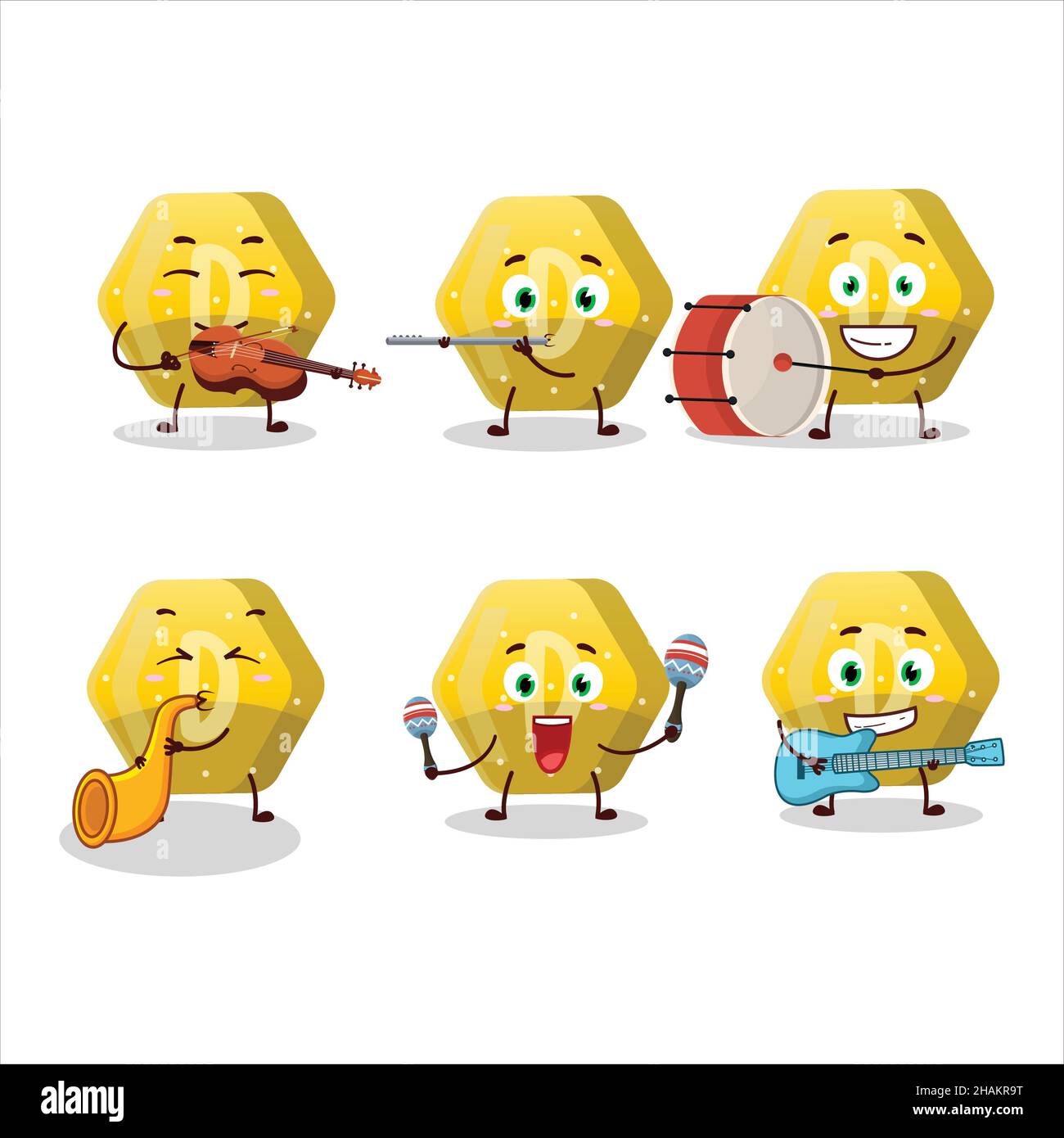 Cartoon character of yellow gummy candy D playing some musical ...