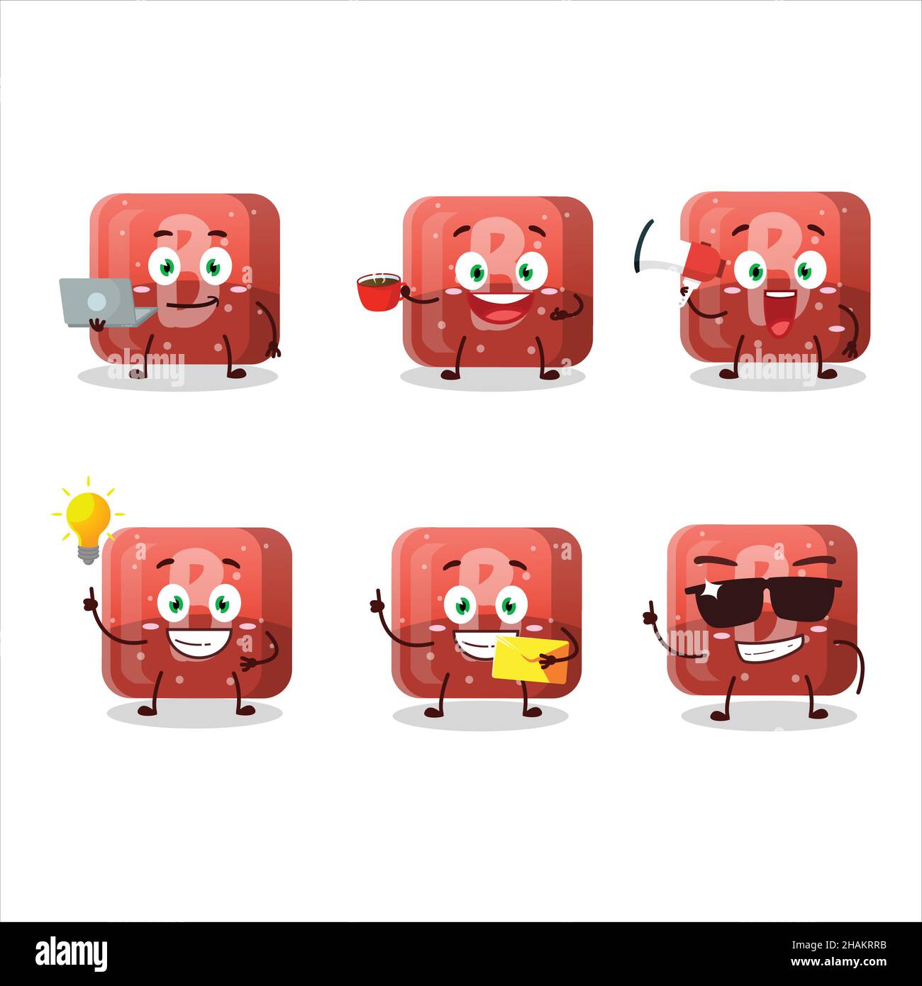 Red gummy candy B cartoon character with various types of business ...