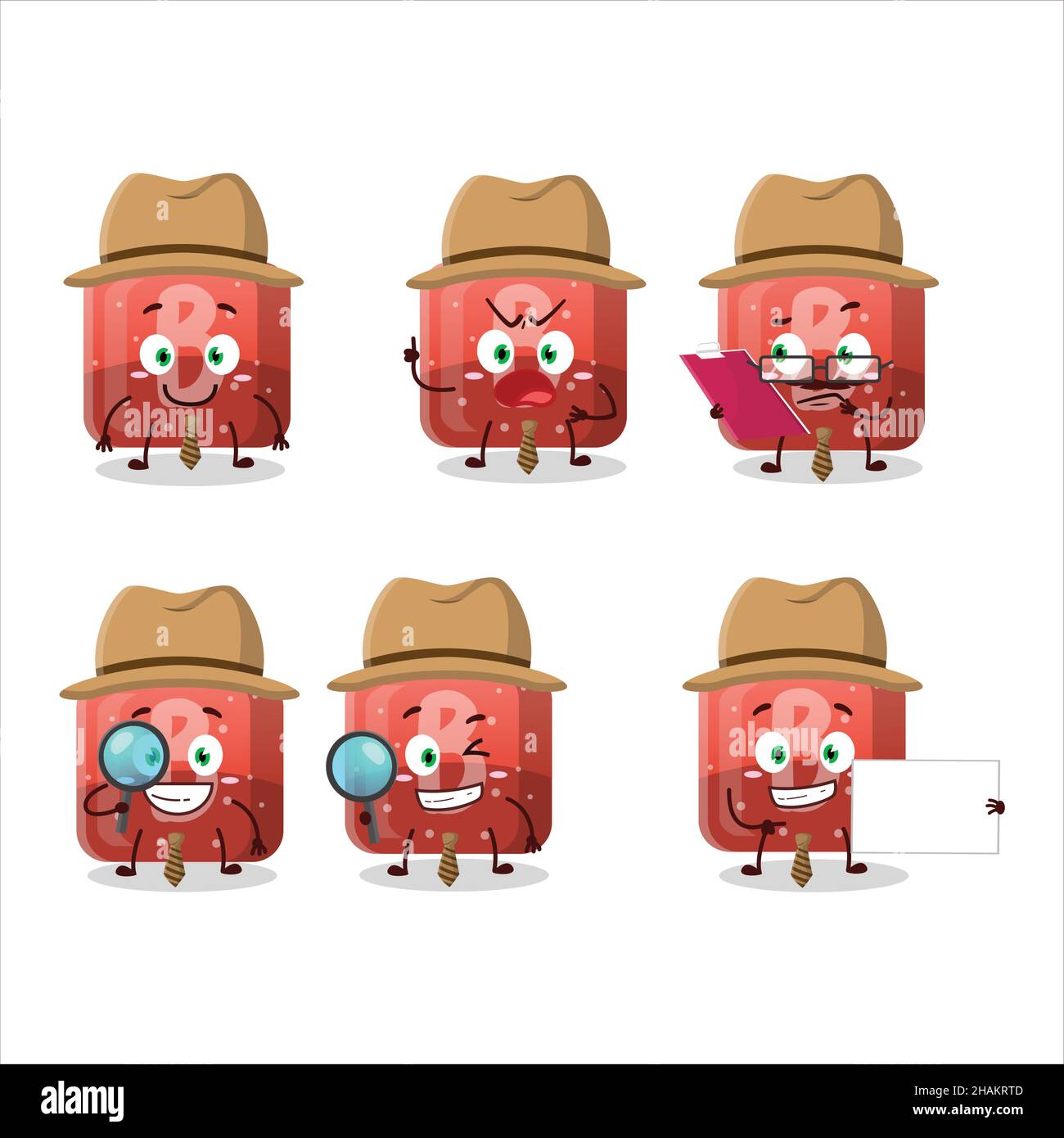 Detective red gummy candy B cute cartoon character holding magnifying ...