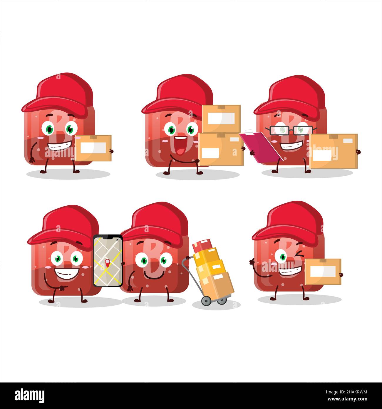 Cartoon character design of red gummy candy B working as a courier ...