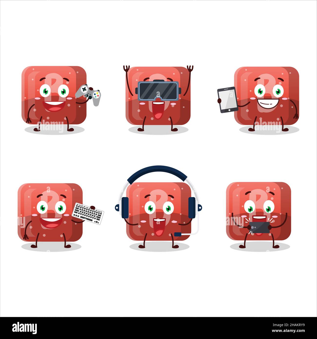 Red gummy candy B cartoon character are playing games with various cute ...