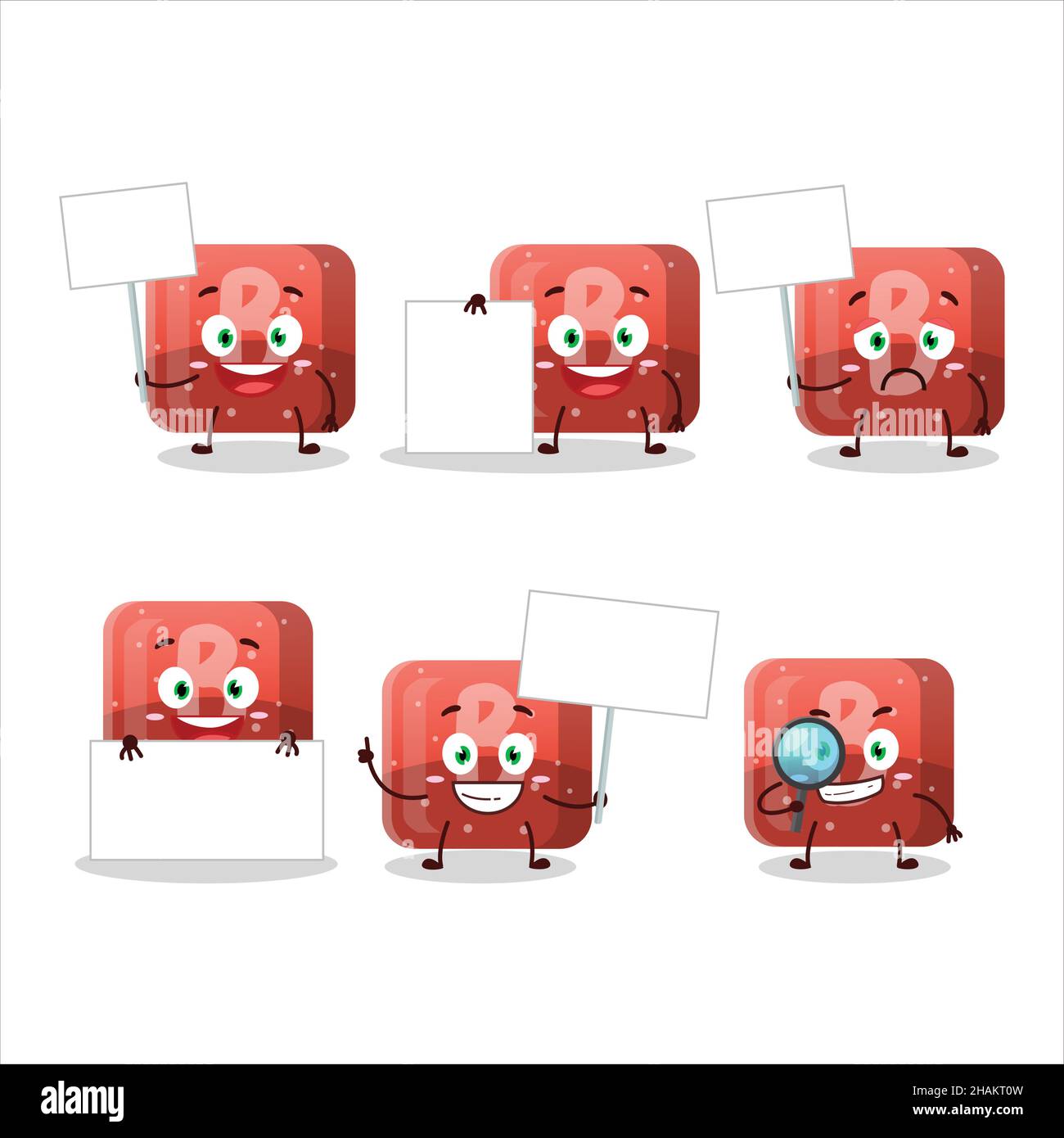 Red gummy candy B cartoon character bring information board. Vector ...