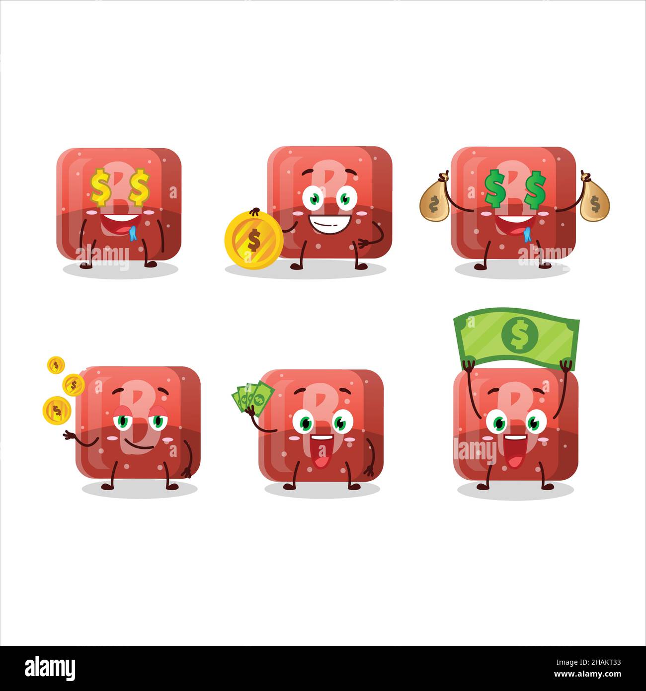 Red gummy candy B cartoon character with cute emoticon bring money ...