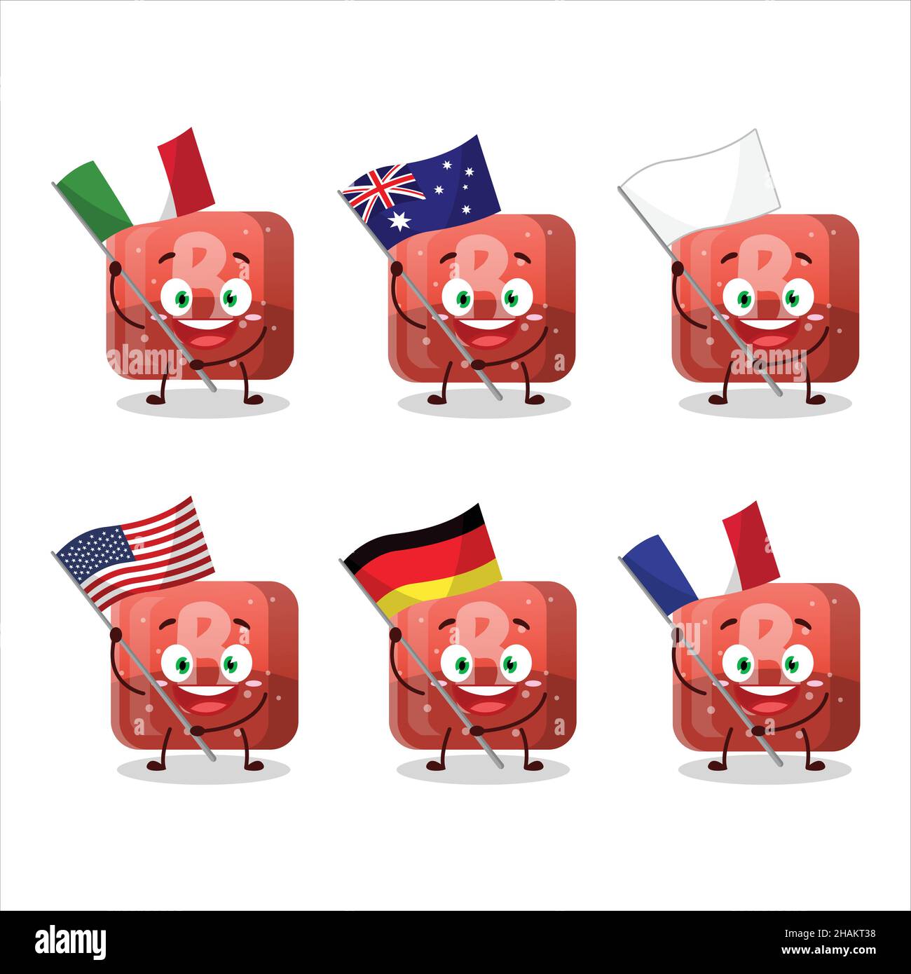 Red gummy candy B cartoon character bring the flags of various ...