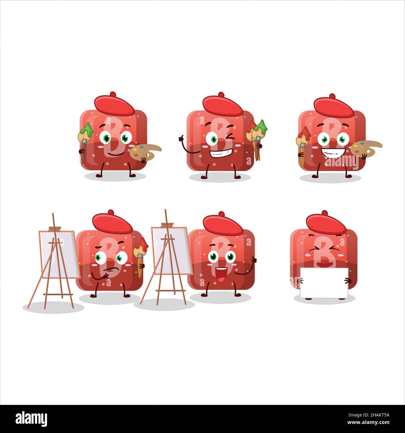 Artistic Artist of red gummy candy B cartoon character painting with a ...