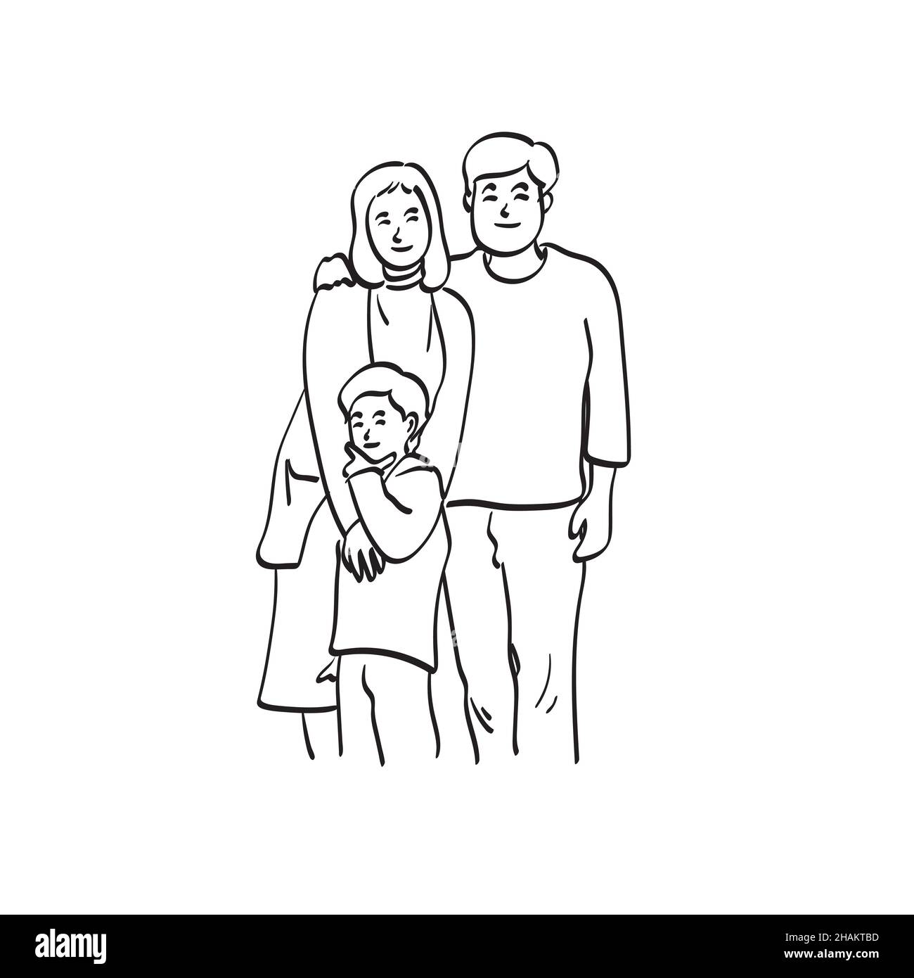 line art family of three person is standing together illustration ...