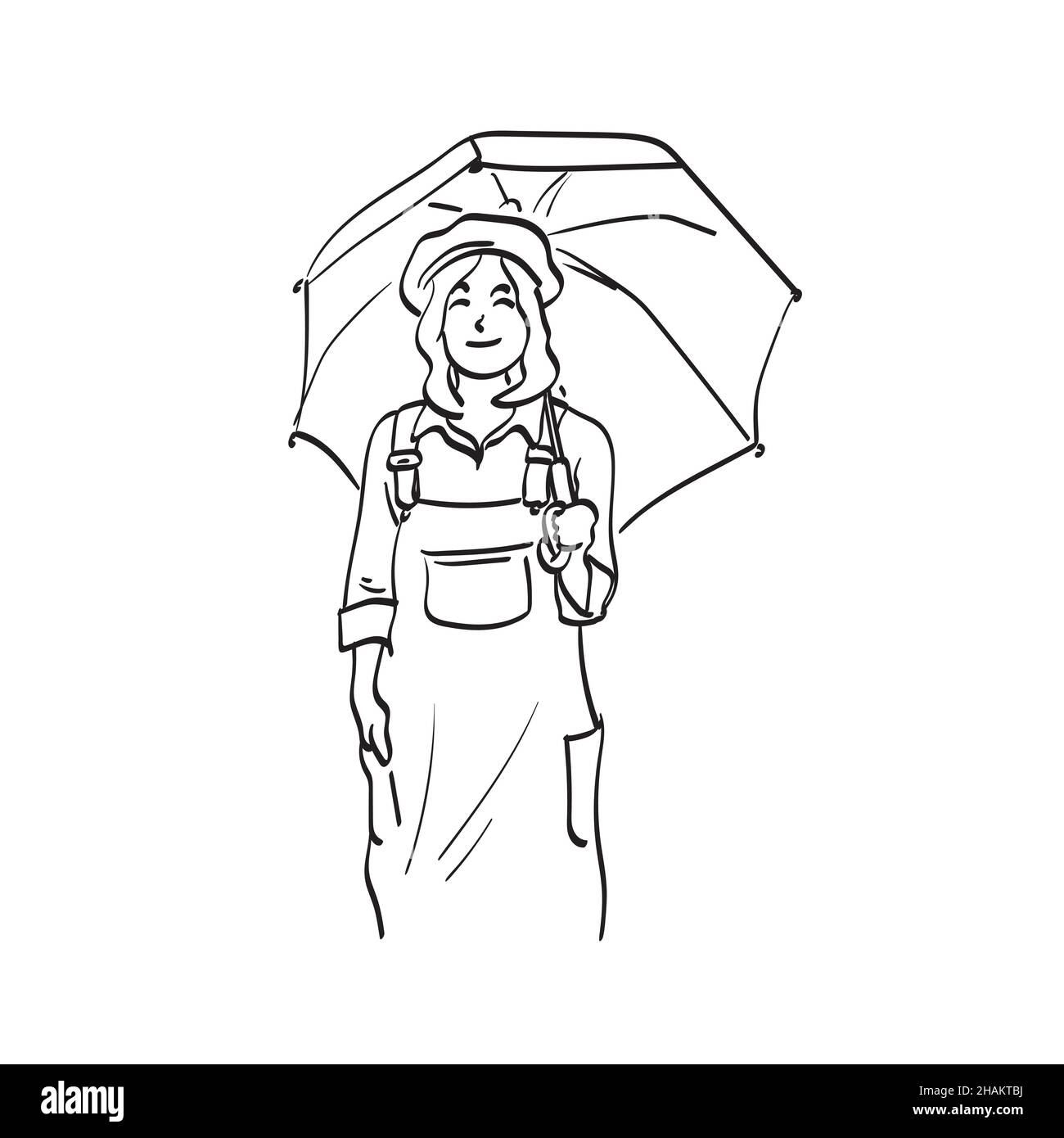 line art smiling woman holding umbrella illustration vector hand drawn ...