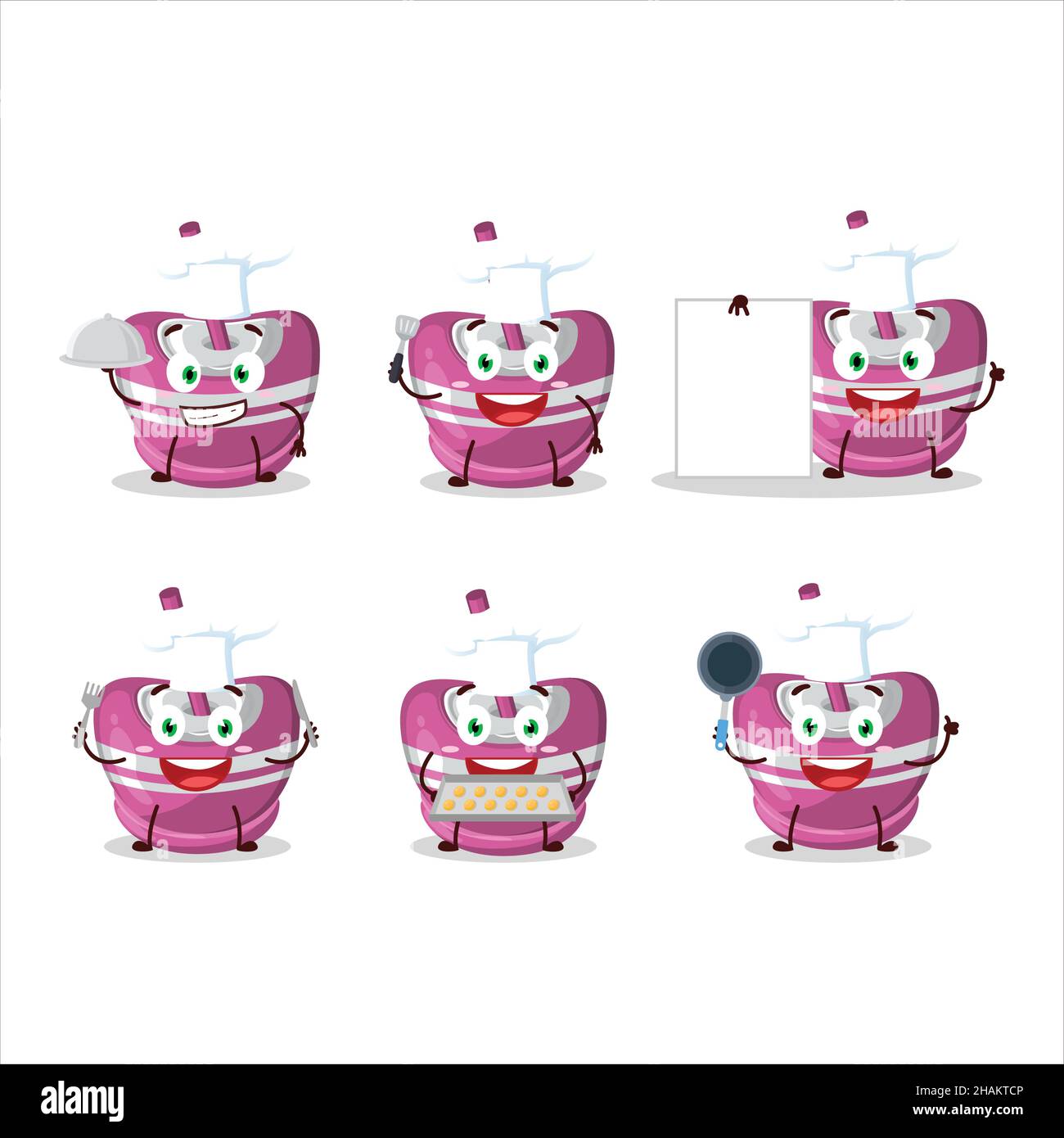 Cartoon character of pink sugar candy with various chef emoticons ...