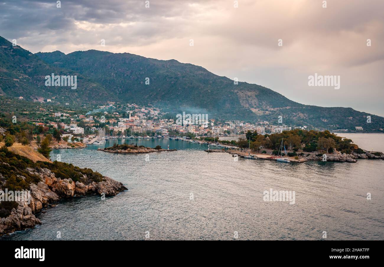 View of Methana, Peloponnese, Greece. Methana is situated on a volcanic ...