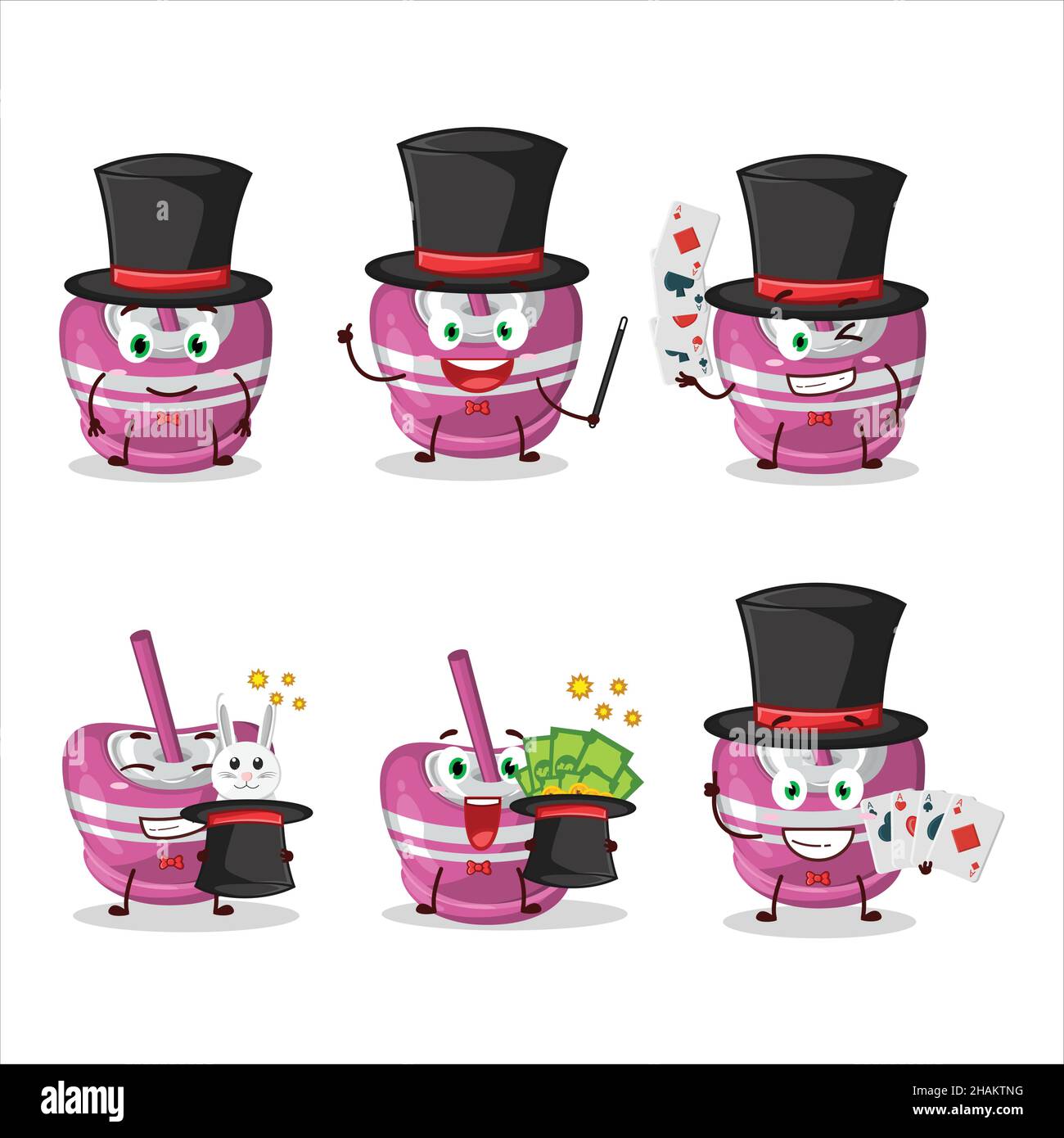 A pink sugar candy Magician cartoon character perform on a stage ...