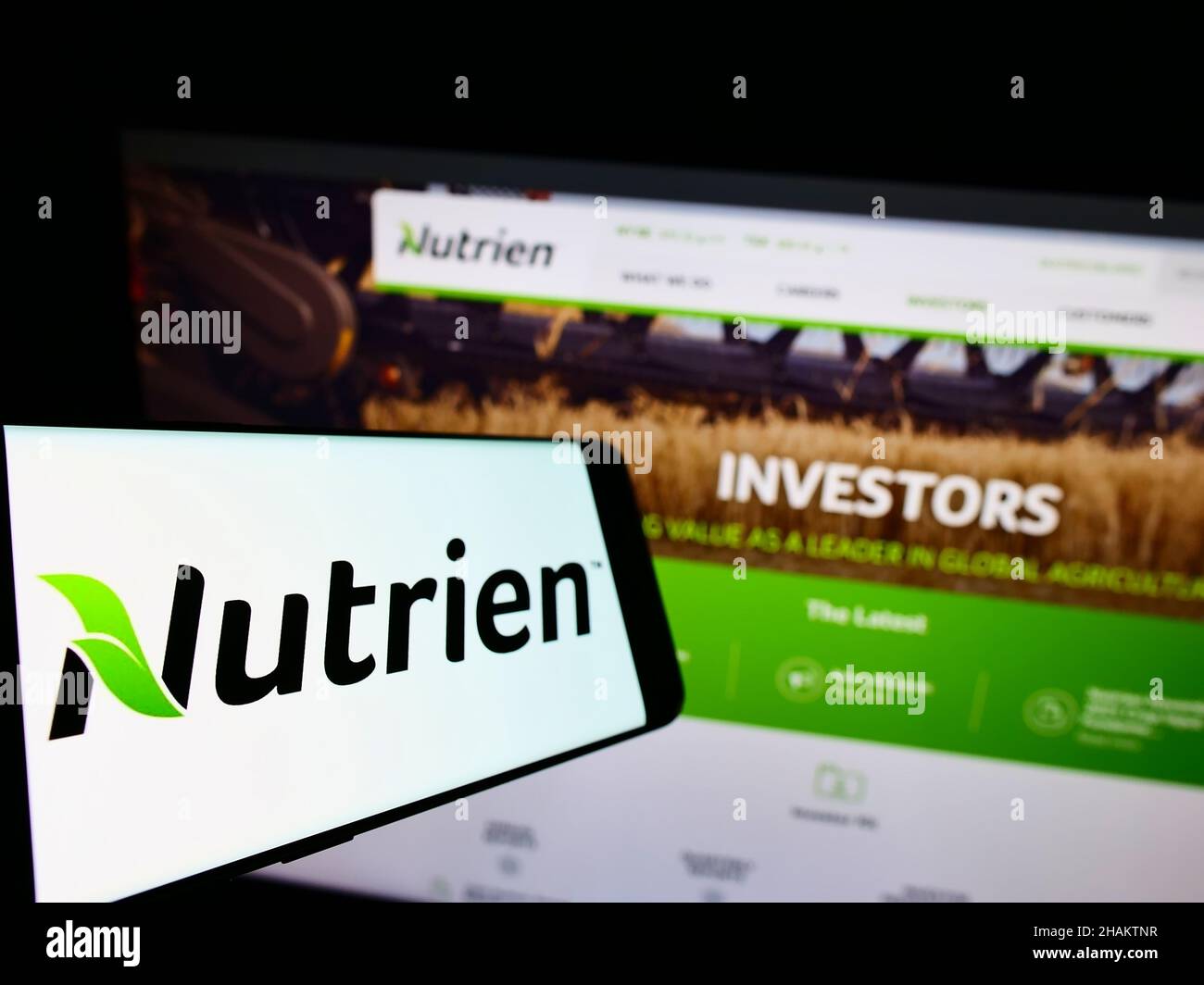 Cellphone with logo of Canadian fertilizer company Nutrien Ltd. on ...