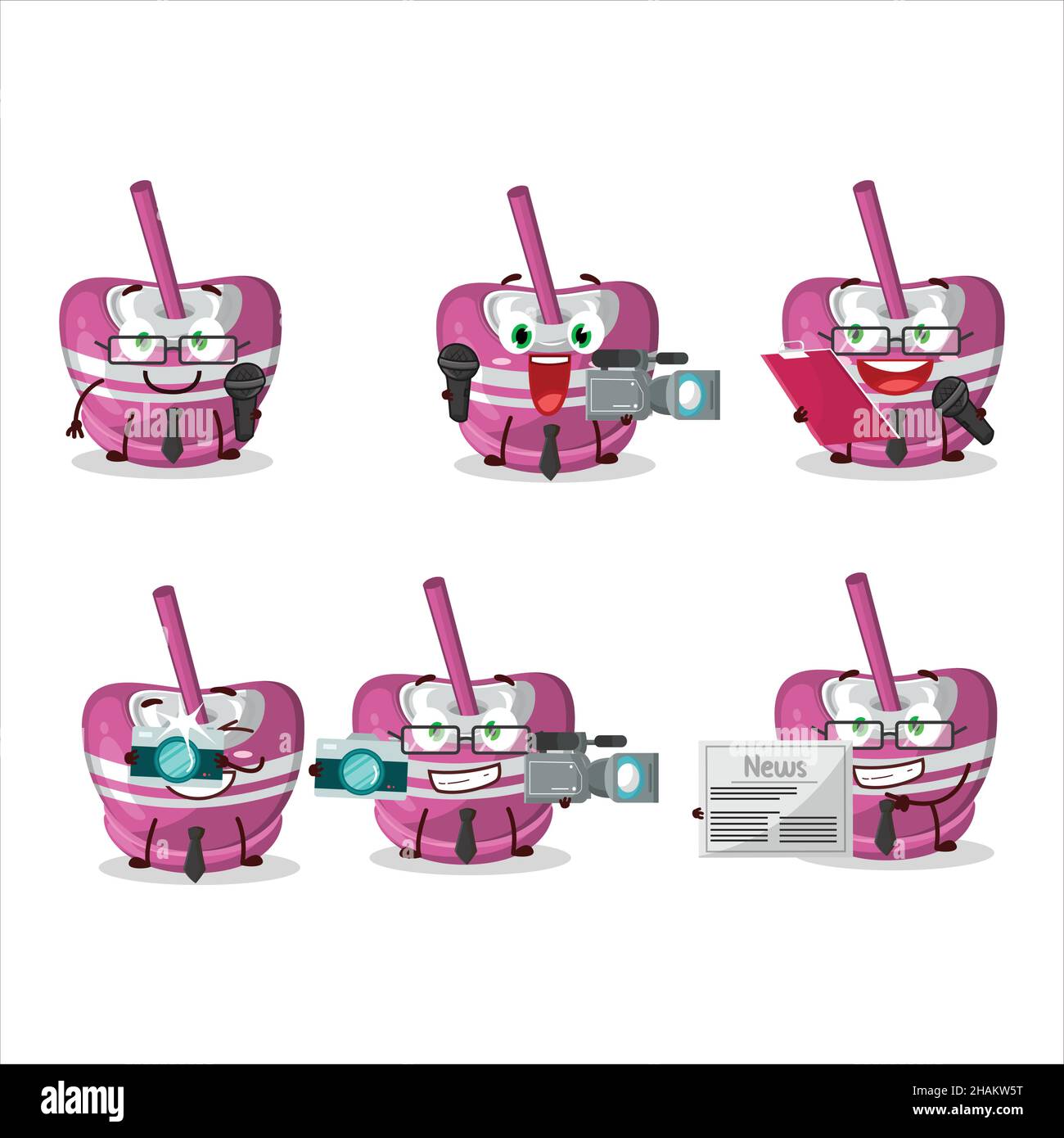 Character reporter pink sugar candy cute mascot with microphone. Vector ...