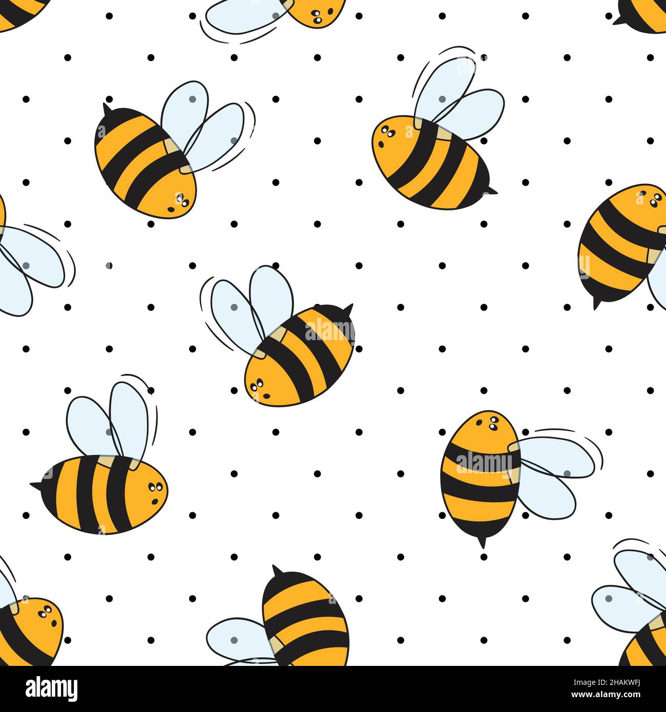 Seamless pattern with bees on white polka dots background. Small wasp ...