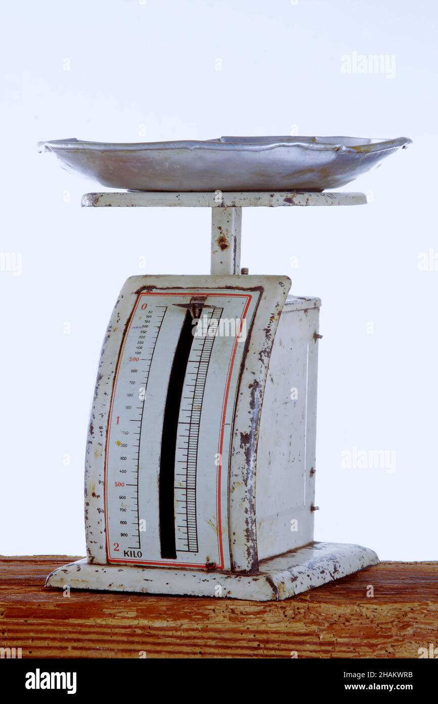 old metal scales on wooden beams, isolated Stock Photo - Alamy