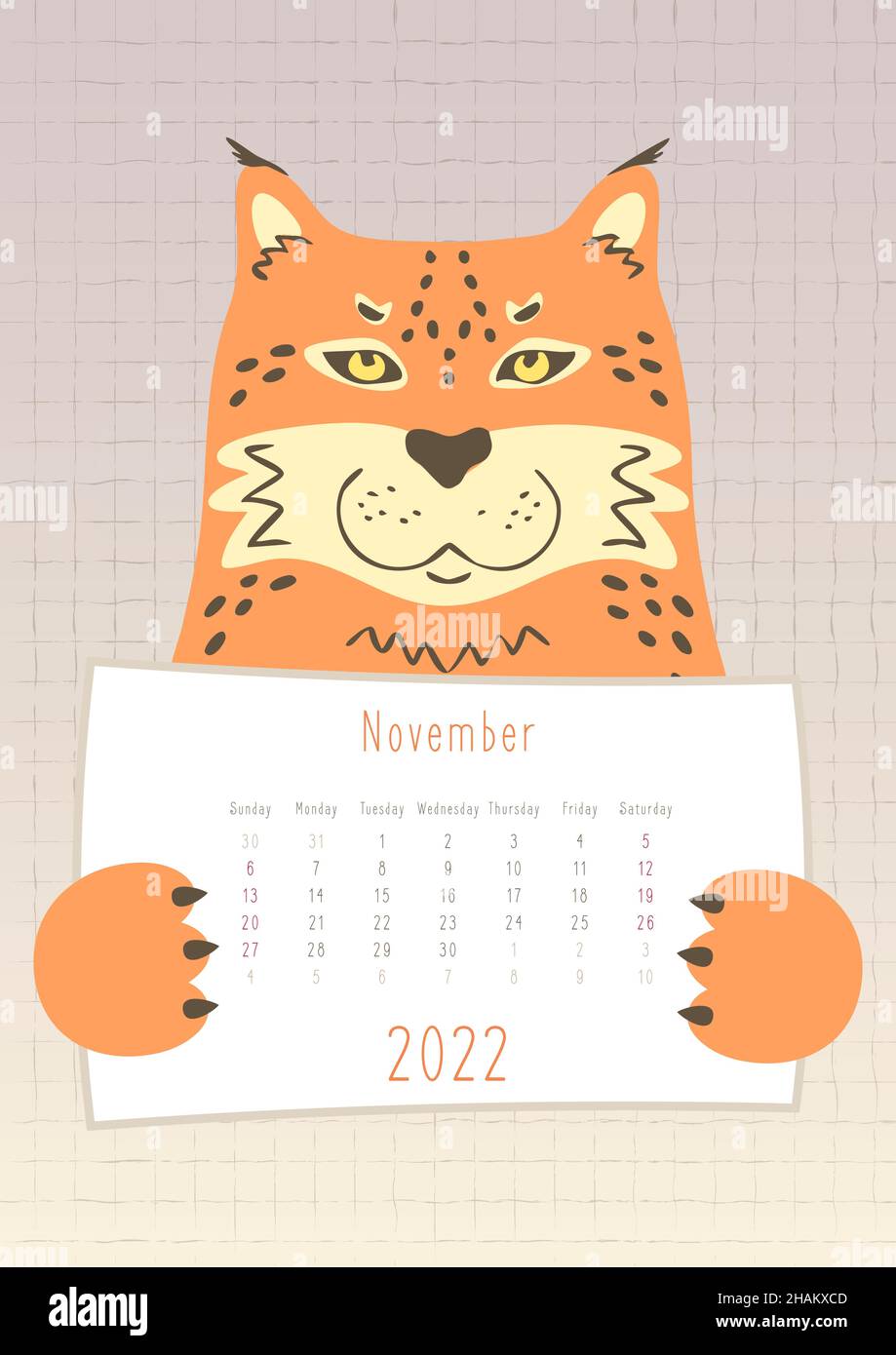 2022 november calendar, cute puma lynx cat animal holding a monthly ...