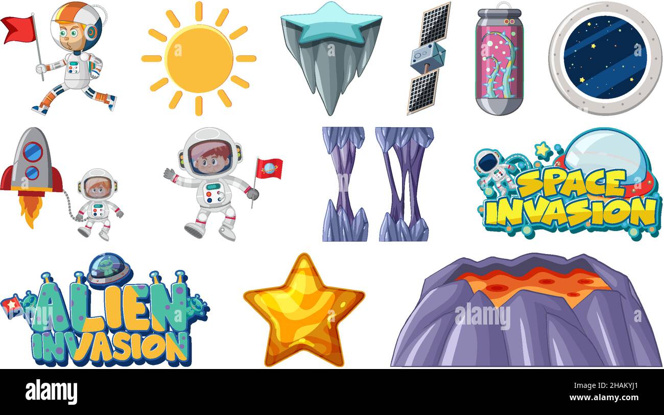 Set of isolated fantasy space game objects and elements illustration ...