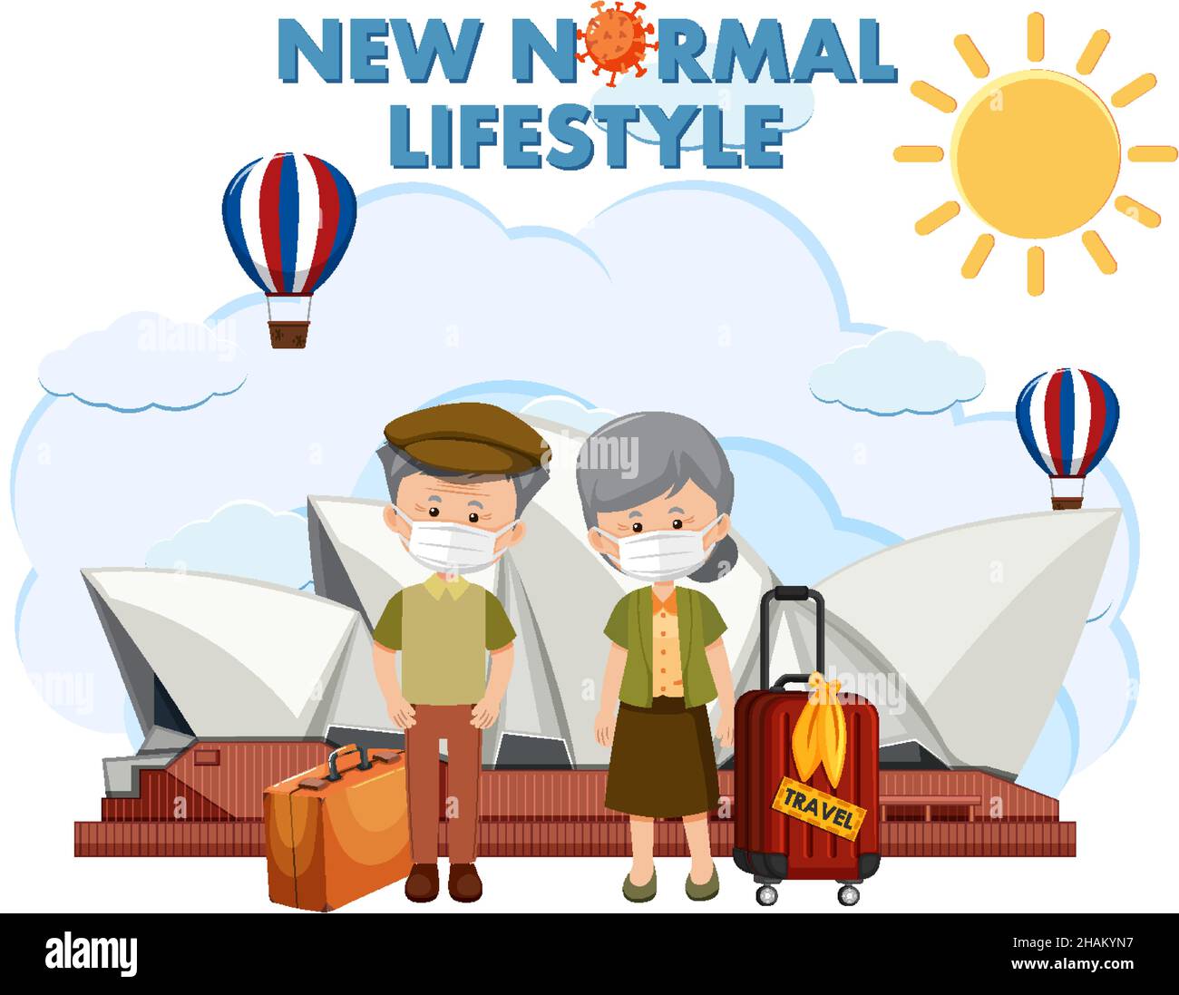 New normal lifestyle with old couple travelling illustration Stock ...
