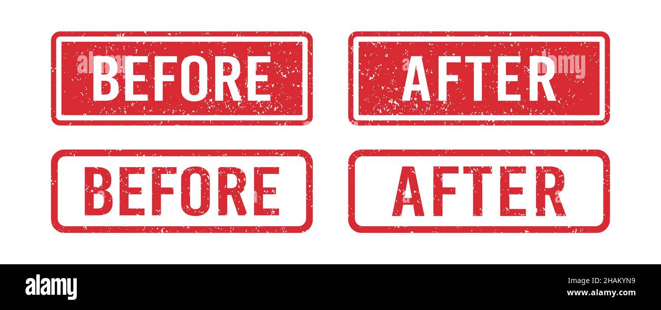 Before and after red grunge rubber stamps. Seals with words Before and ...