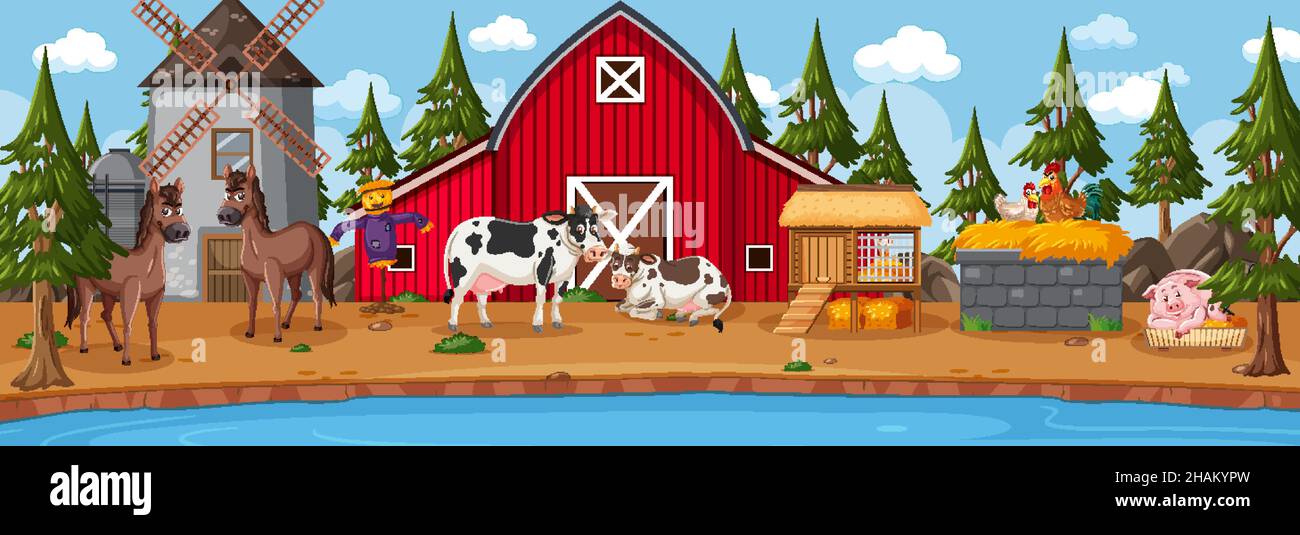 Farm horizontal landscape scene with farm animals illustration Stock ...