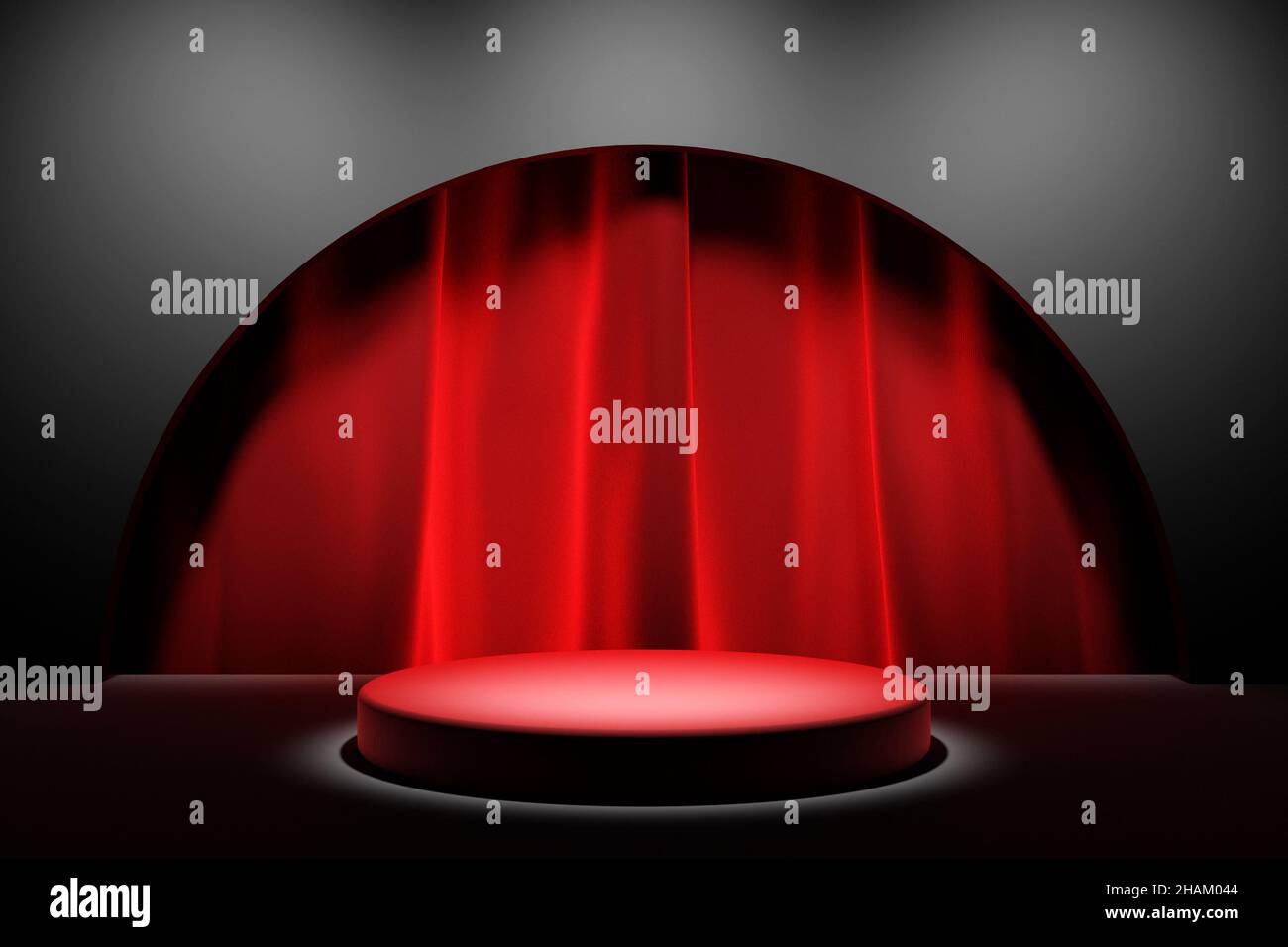 3d illustration of a scene from a circle with red theater curtains from ...