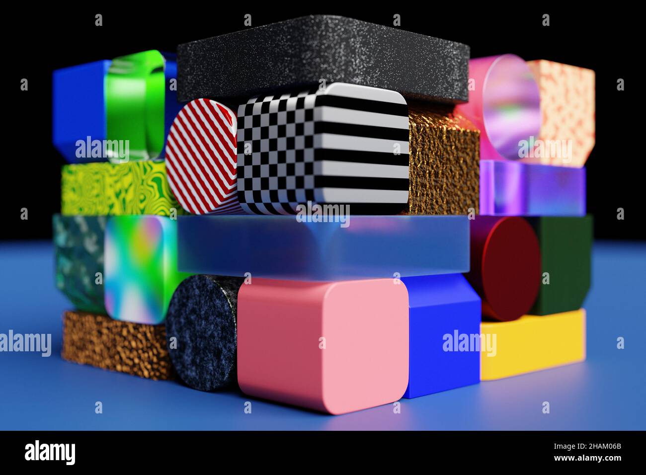 3D illustration of a multicolored cube from many geometric objects of ...