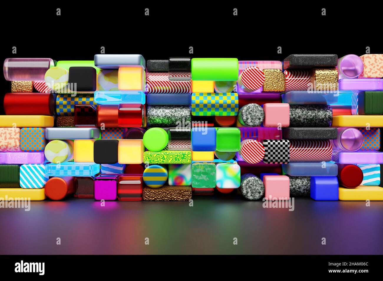 3D illustration of a multicolored wall of many geometric objects of ...
