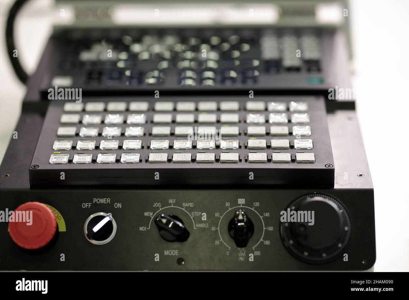 Close up view of CNC lathe machine control panel. Selective focus Stock ...