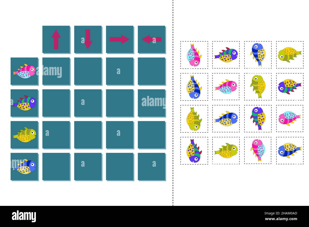 Match cartoon fishes and directions up, down, left and right ...