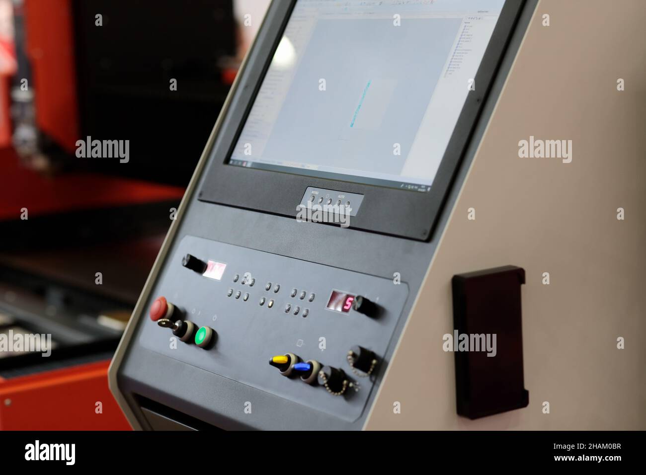 Control console of CNC laser cutting machine. Selective focus Stock ...