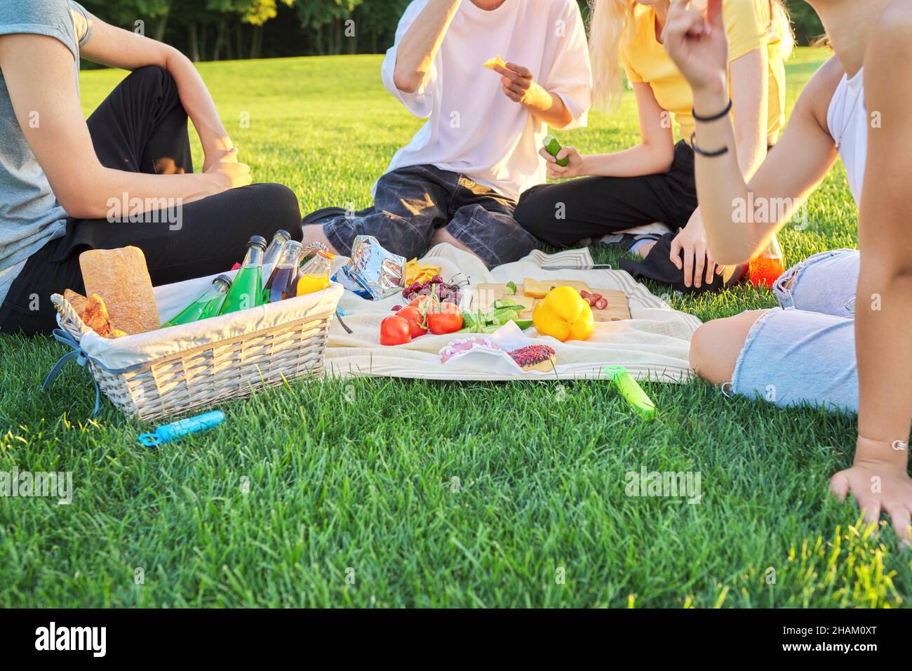 Close-up food and drink for a picnic on green grass Stock Photo - Alamy