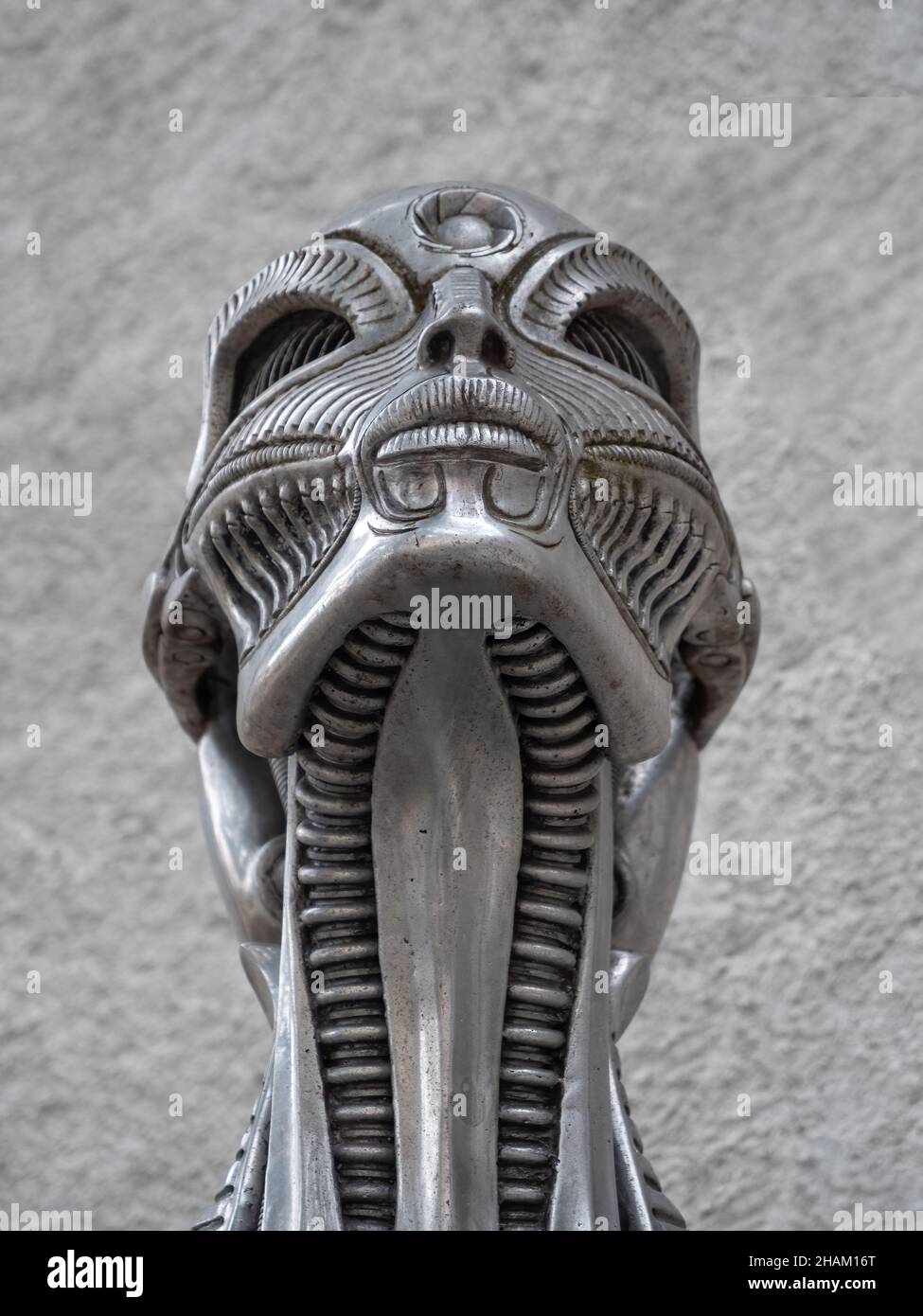 Gruyeres, Switzerland - November 23, 2021: Surrealist statue of alien ...