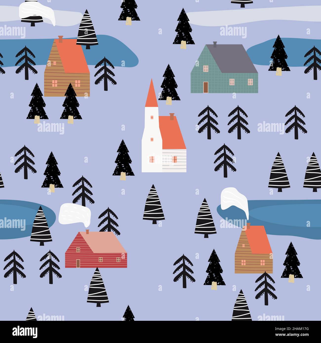 Winter seamless pattern scandinavian landscape, forest, village. Nordic ...