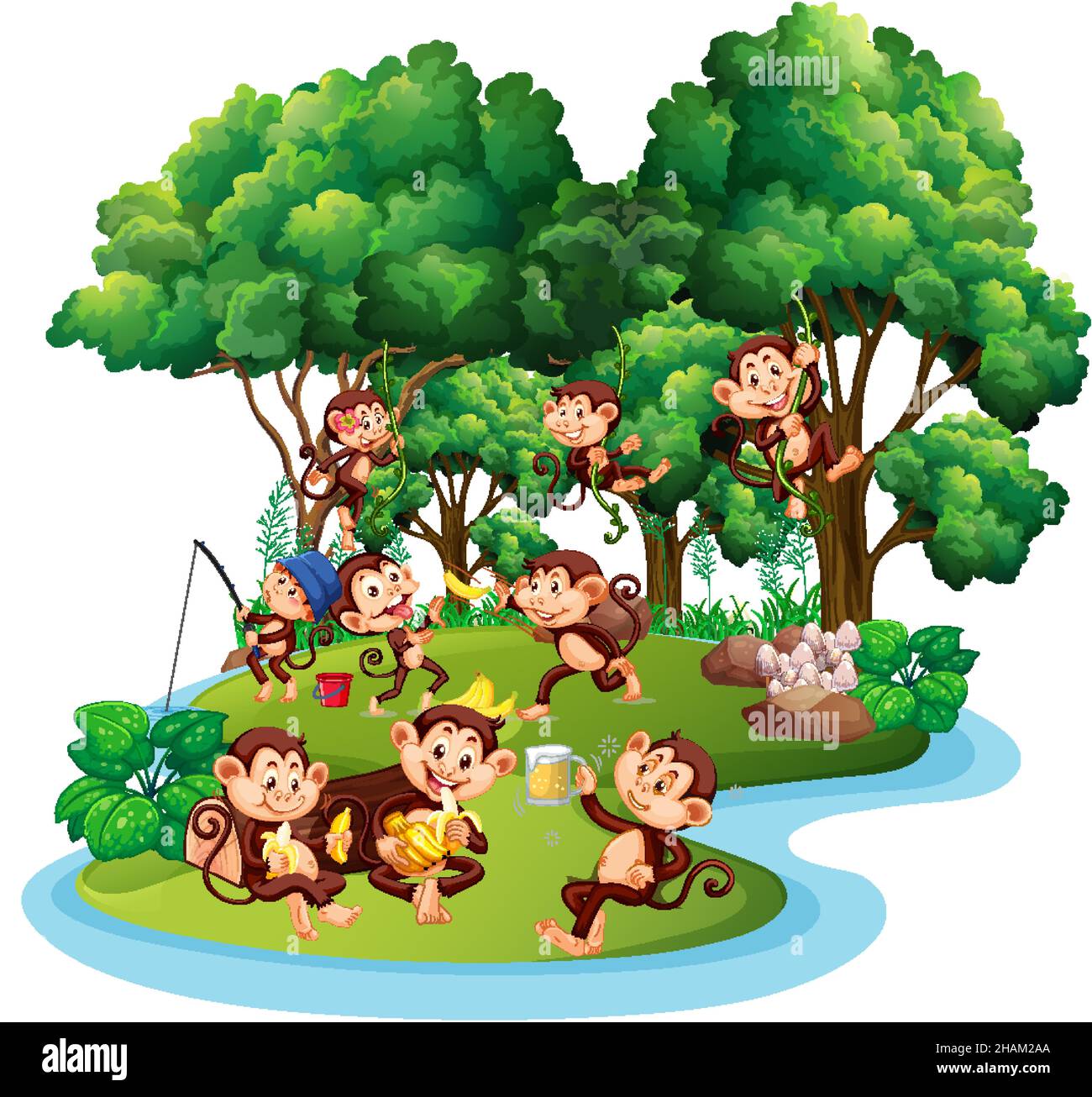 Isolated forest with many cute monkeys illustration Stock Vector Image ...
